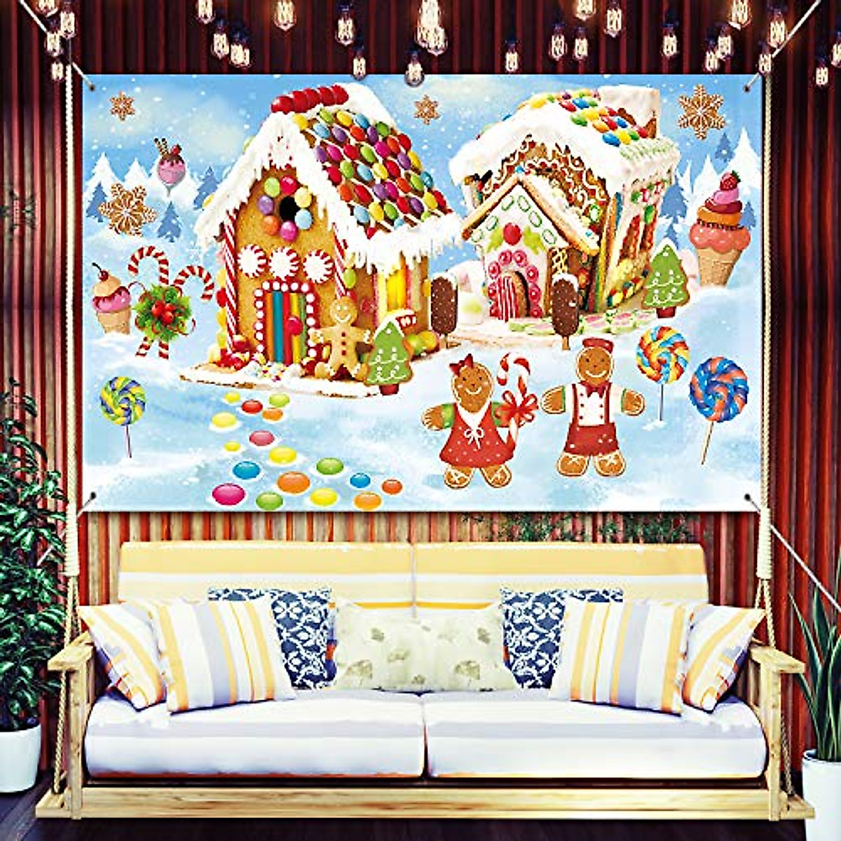 Christmas Wall Decorations Gingerbread Photography Backdrops Large Fabric Sweet Holiday Scene Banner for Winter Christmas Party Photo Booth Props Background Banner
