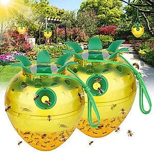 Wasp Traps Outdoor Hanging, Yellow Jacket Wasp Catcher for Trapping Hornet, Non-Toxic Reusable Wasp Catcher for Outdoors Trapping Wasp, Wasp Trap Solar Power Outdoor with LED Light （2P-Yellow）