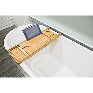 WilloCroft Bamboo Bathtub Tray – Expandable Bath Tray with Stand for Book & Tablet – Bathtub Caddy with Holder for Mobile & Wine Glass – Bath Tray with Leather Handles for Luxury Spa, Hotel & Home