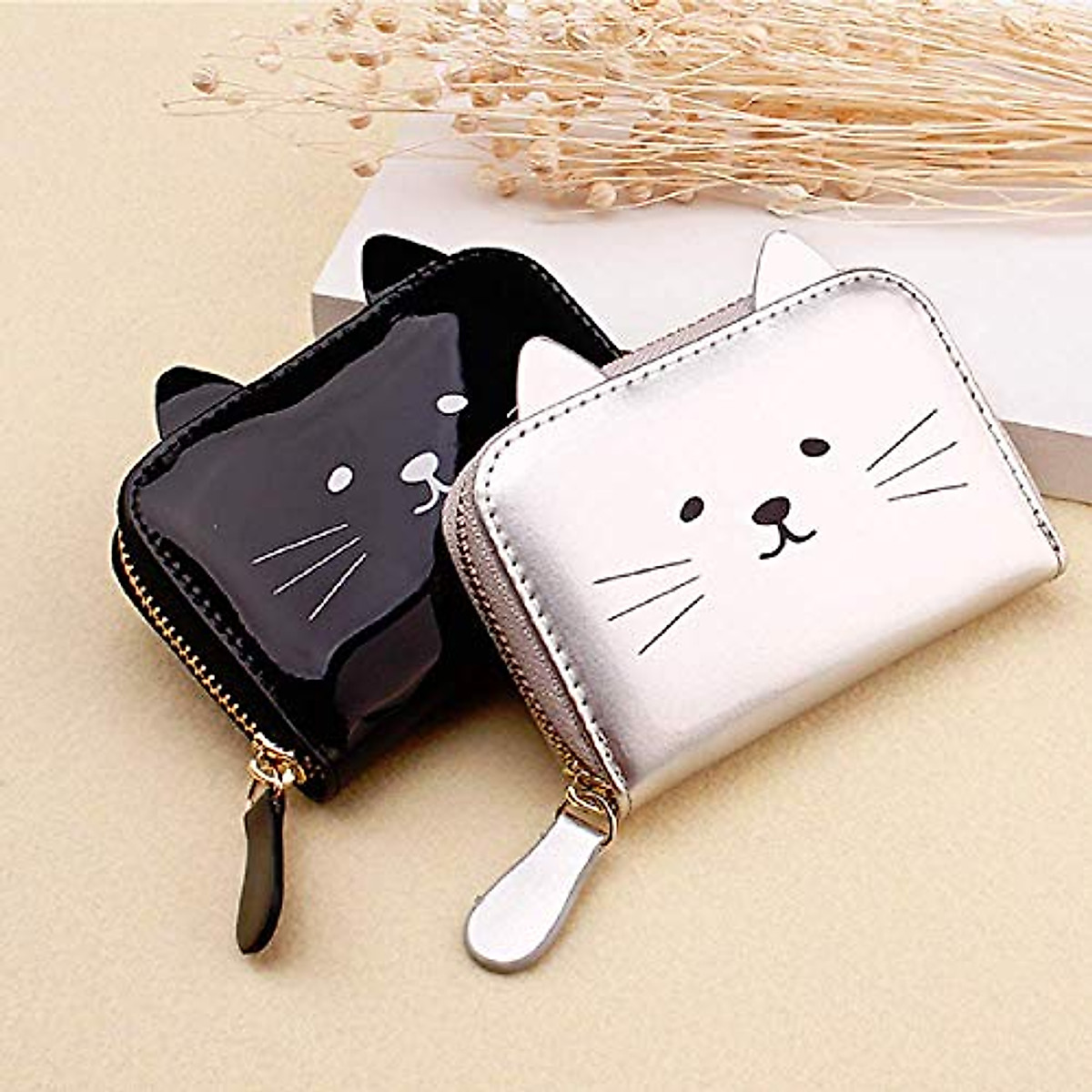 JIUFENG Women's RFID Blocking Wallet Cute Cat Printed Zipper Coin Purses Multi Purpose Card Holder Fashion Small Wallet (Black)
