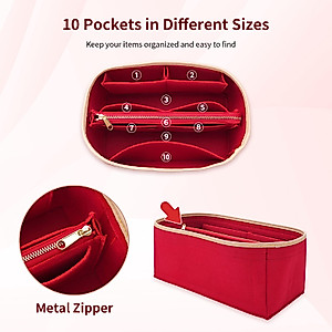 LOUKAYCCI Purse Organizer & Base Shaper fit Speedy 35, Felt Bag Organizer Insert for Handbags with Metal Zipper [Bag in Bag] (X-Large, Red)