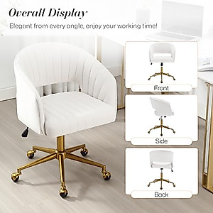 Homedraft Home Office Swivel Desk Chair, Modern Velvet Desk Chair, Height Adjustable Armchair with Gold Base, Ergonomic Office Chair for Living Room Vanity Study Computer Room, Cream