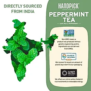 HANDPICK, Peppermint Tea Bags (100 Herbal Tea Bags) Caffeine Free, Non-GMO - Minty, Fresh & Cool flavor | Premium Round Eco Conscious Tea Bags