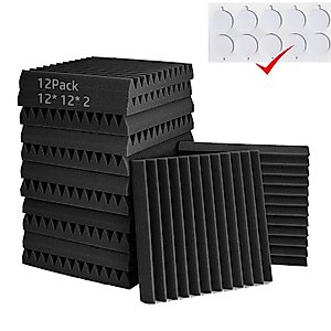 Acoustic Foam Panels - Pack of 12 Flame Retardant Sound Proof Foam Panels for Walls Ceilings Reduces Reverb Echo 12” x 12” x 2” Sound Insulation Wedge Noise Cancelling Foam Tiles for Home Office
