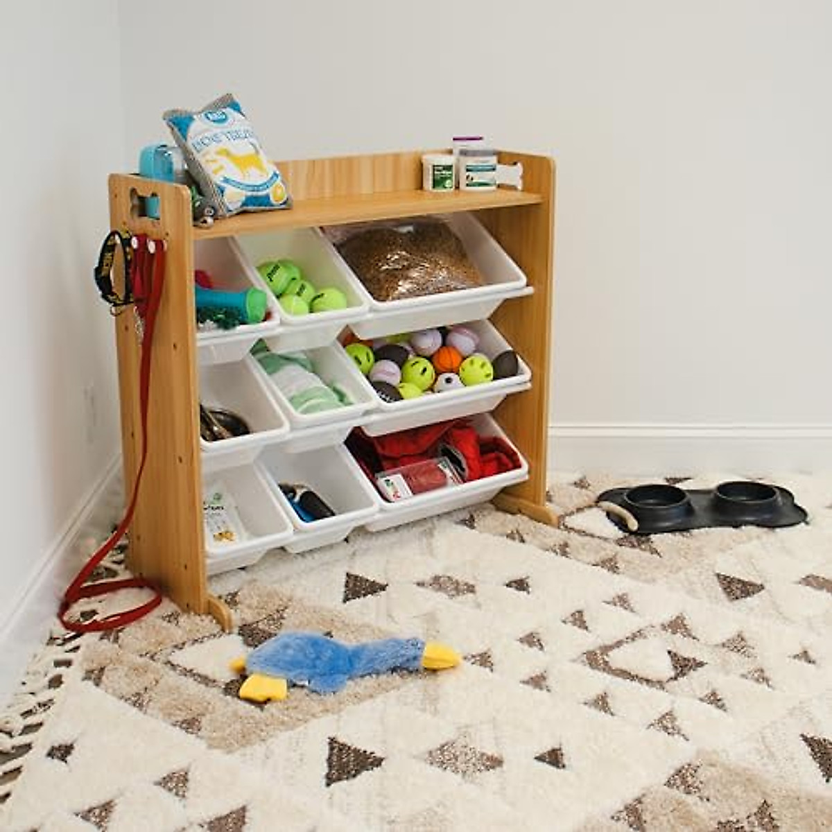 Humble Crew Aspen Supplies Shelf and 9 Plastic Storage Bins, Natural/White Pet Organizer