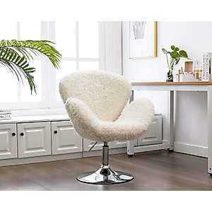 Wahson Faux Fur Armchair Modern Accent Chair with Chrome Base Leisure Swivel Chair Height Adjustable,Occasional Chair for Living Room/Bedroom/Lounge (Cream-Curly Fur)