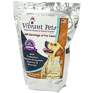 Vibrant Pets Senior Complete Dog Immune System Supplement | Older Dog Muscle and Joint Supplement with Probiotics & Enzymes for Digestion | Nutrient-Rich Skin & Coat Immune Booster Powder 48oz