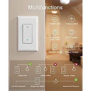 GHome Smart Switch, Smart Wi-Fi Light Switch Works with Alexa and Google Home 2.4Ghz, Single-Pole, Neutral Wire Required, UL Certified, Voice Control, No Hub Required (4 Pack)