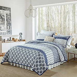 BCOTTOND Floral Quilt Set Queen 100% Cotton Blue Navy Quilt Bedding Set for Queen Bed Farmhouse Bedspread Queen Size Soft Reversible Lightweight Comforter Set All Seasons 3 Pieces