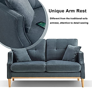 ARUGOU 56.7" W Loveseat Sofa, Love Seat Couch with USB Charge Port and 2 Pillows, Comfortable Thickness Cushion and Waterproof Fabric, Easy to Install 2 Seat Couches for Living Room, Bedroom (Blue)