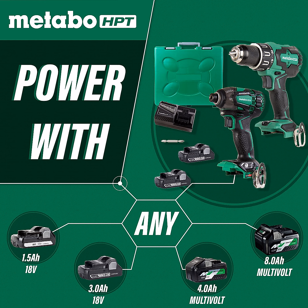 Metabo HPT 18V MultiVolt Hammer Drill and Triple Hammer Impact Driver Cordless Combo Kit | Lifetime Tool Warranty | KC18DBFL2C