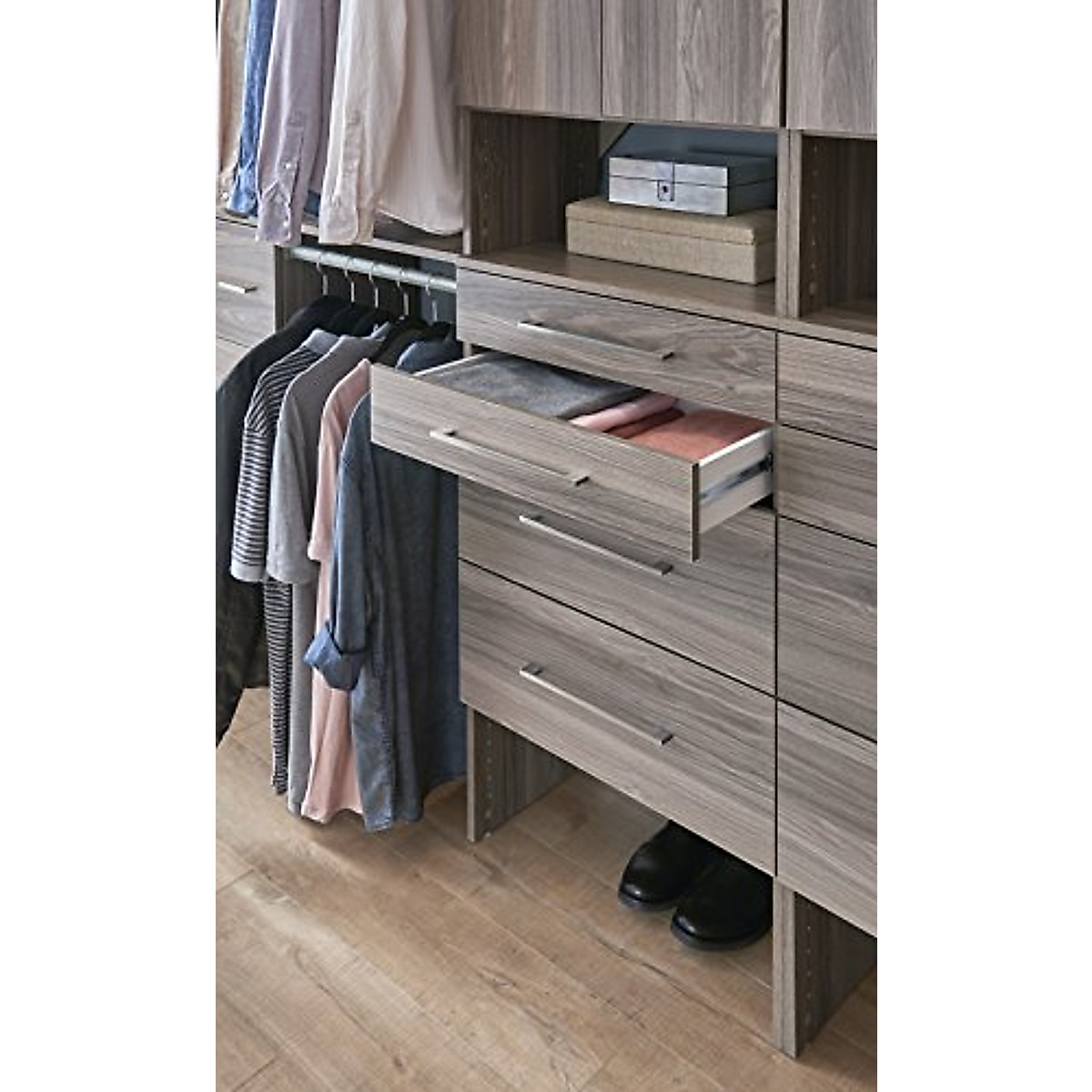 ClosetMaid SuiteSymphony Wood Closet Drawer, Add On Accessory, Modern Style, For Storage, Closet, Clothes, 25” x 5” Size for 25 in. Units, Natural Gray/Satin Nickel