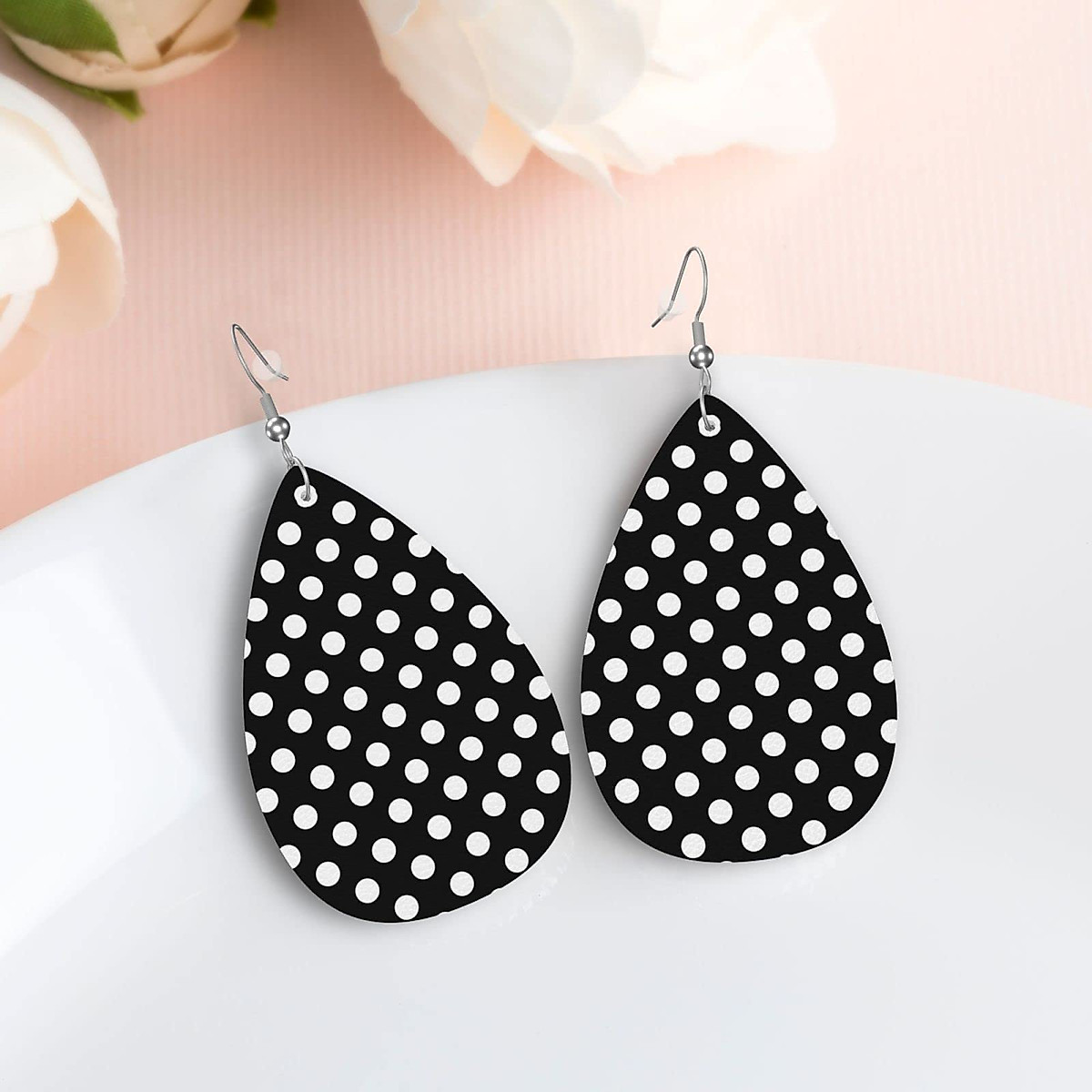 Black White Polka Dot Faux Leather Earrings For Women Lightweight Teardrop Dangle Earrings Gift