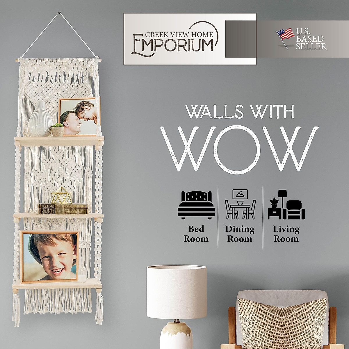 Creekview Home Emporium Hanging Plant Shelf Indoor Boho Decor - 3 Tier Macrame Shelf Wall Hanging Decor - Rope Boho Wall Art Wooden Floating Bookshelf for Kitchen, Bathroom or Bedroom