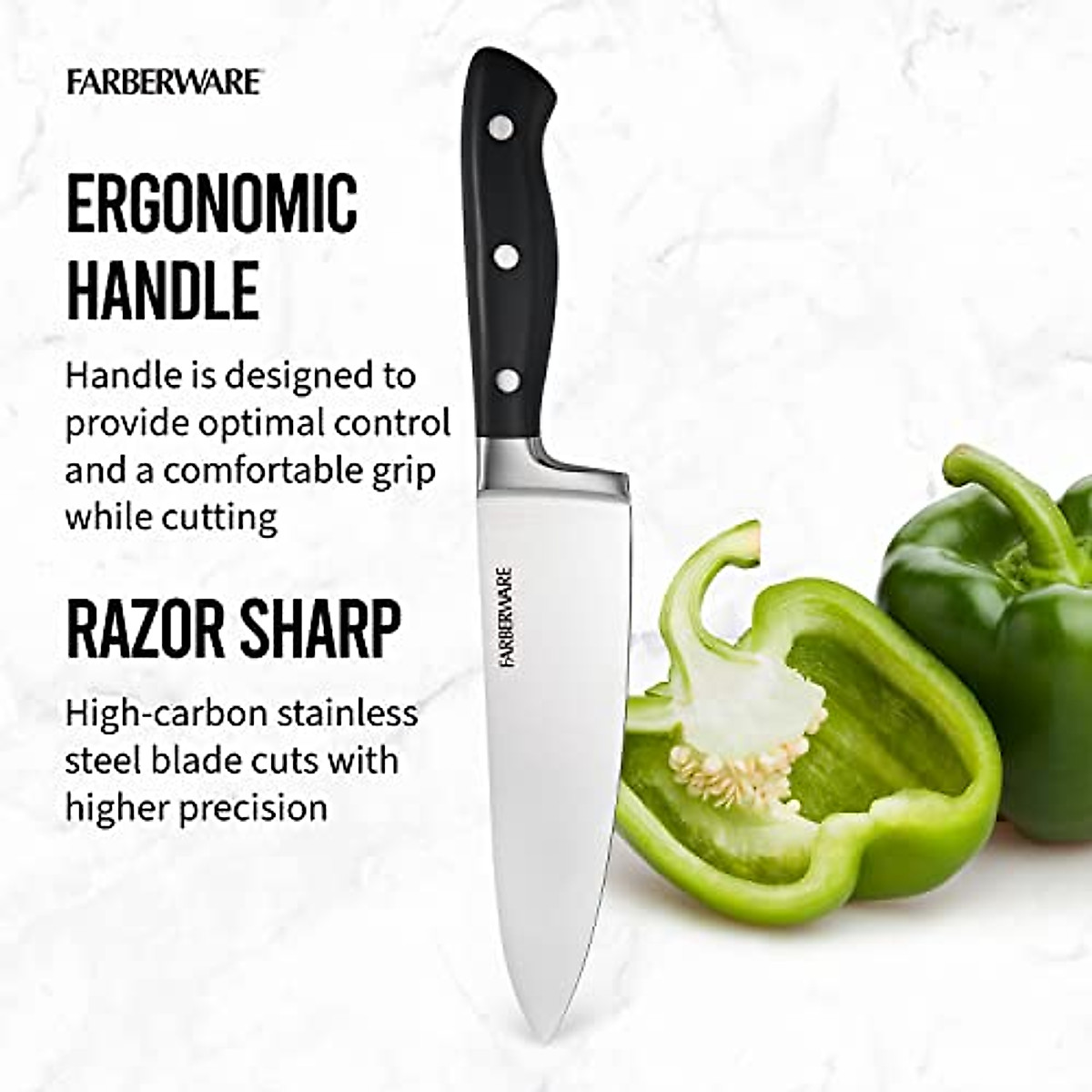 Farberware Edgekeeper 8-Inch Forged Triple Riveted Chef Knife with Self-Sharpening Blade Cover, High Carbon-Stainless Steel Kitchen Knife with Ergonomic Handle, Razor-Sharp Knife, Black