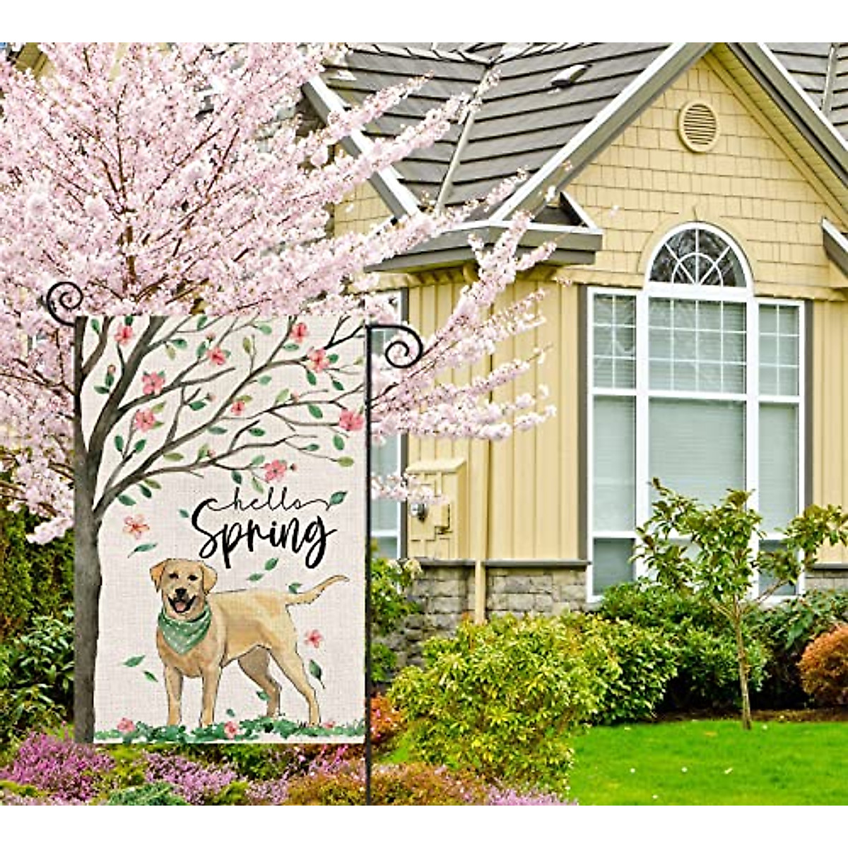 Hello Spring Dog Garden Flag 12x18 Inch Double Sided,Golden Retriever Under The Tree Small Yard Flag for Outdoor,Summer Seasonal Decors for Farmhouse Holiday Outside