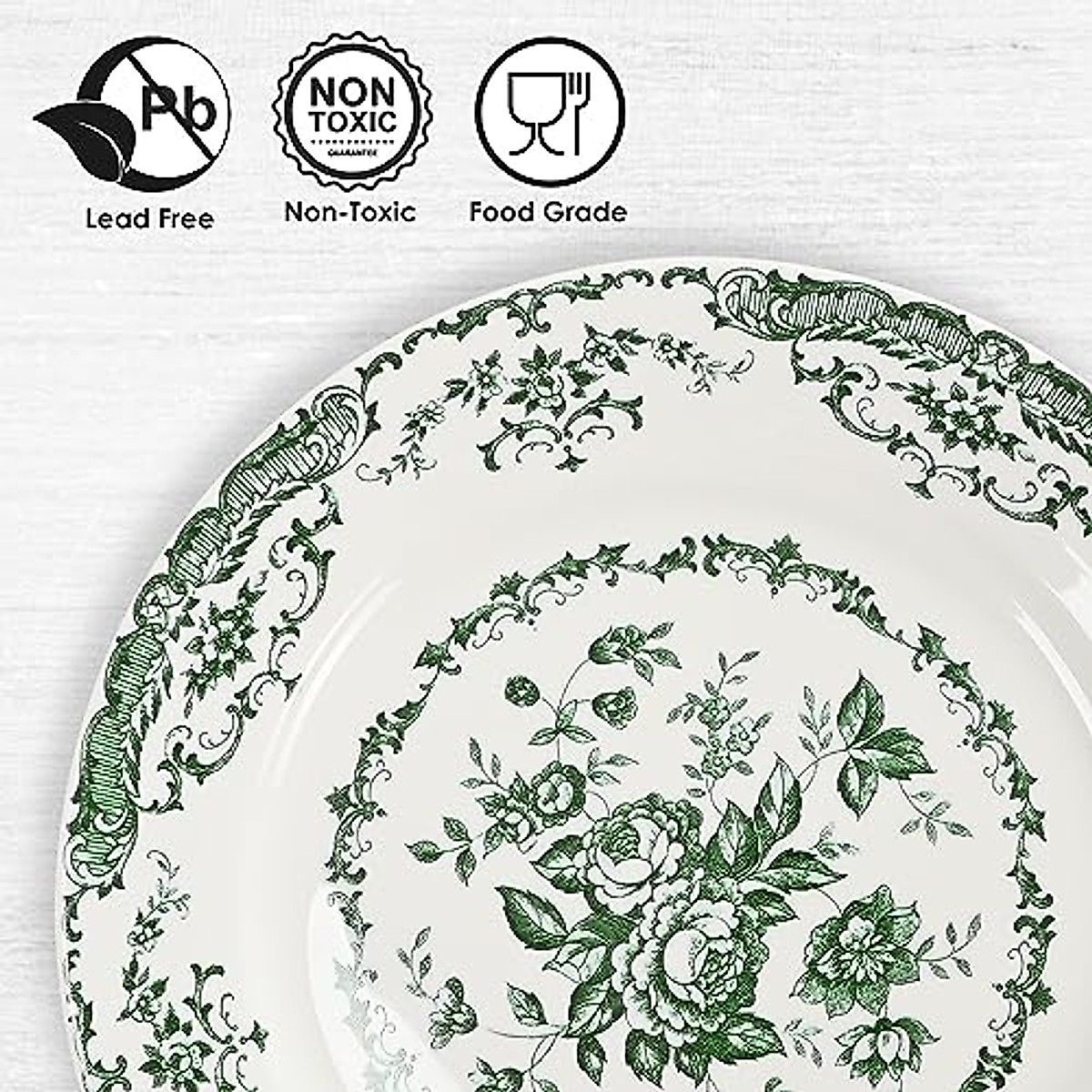 HomeElves Dinner Plates Set of 6, White Plates, Ceramic Kitchen Plates Microwave Safe Plates, 10.5 Inch Porcelain Dinner Plates Floral Plates, Green