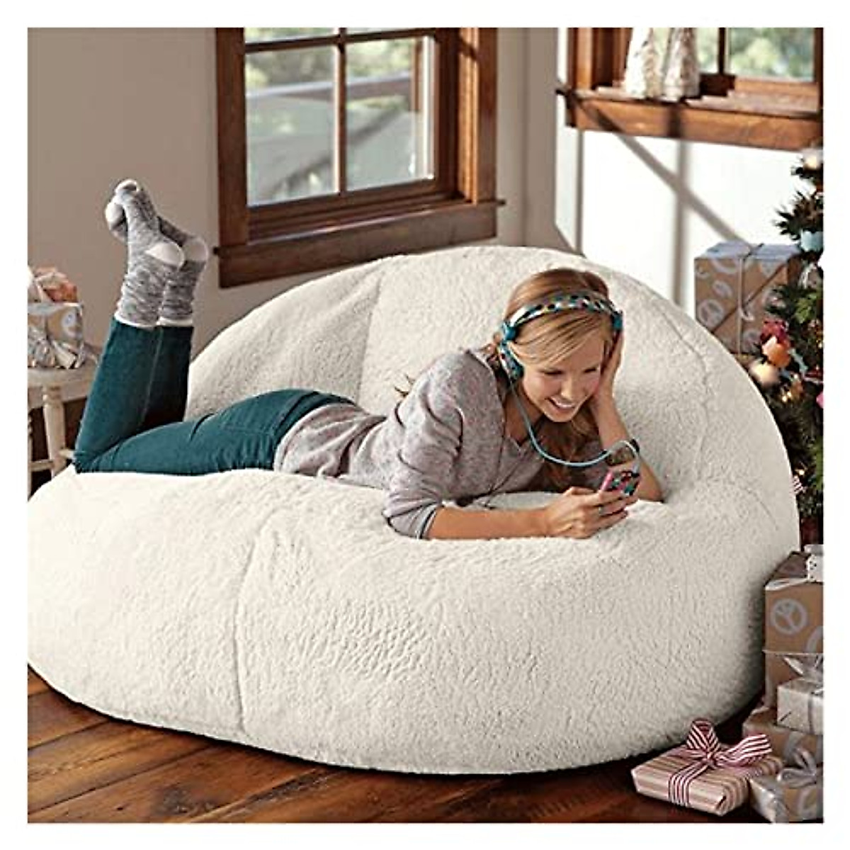 BORRGTU Bean Bag Chair,No Filling Living Room Furniture Big Round Soft Fluffy(it was only a Cover, not Full Bag) Faux Fur BeanBag Lazy Sofa Bed Cover Giant White 80x135cm