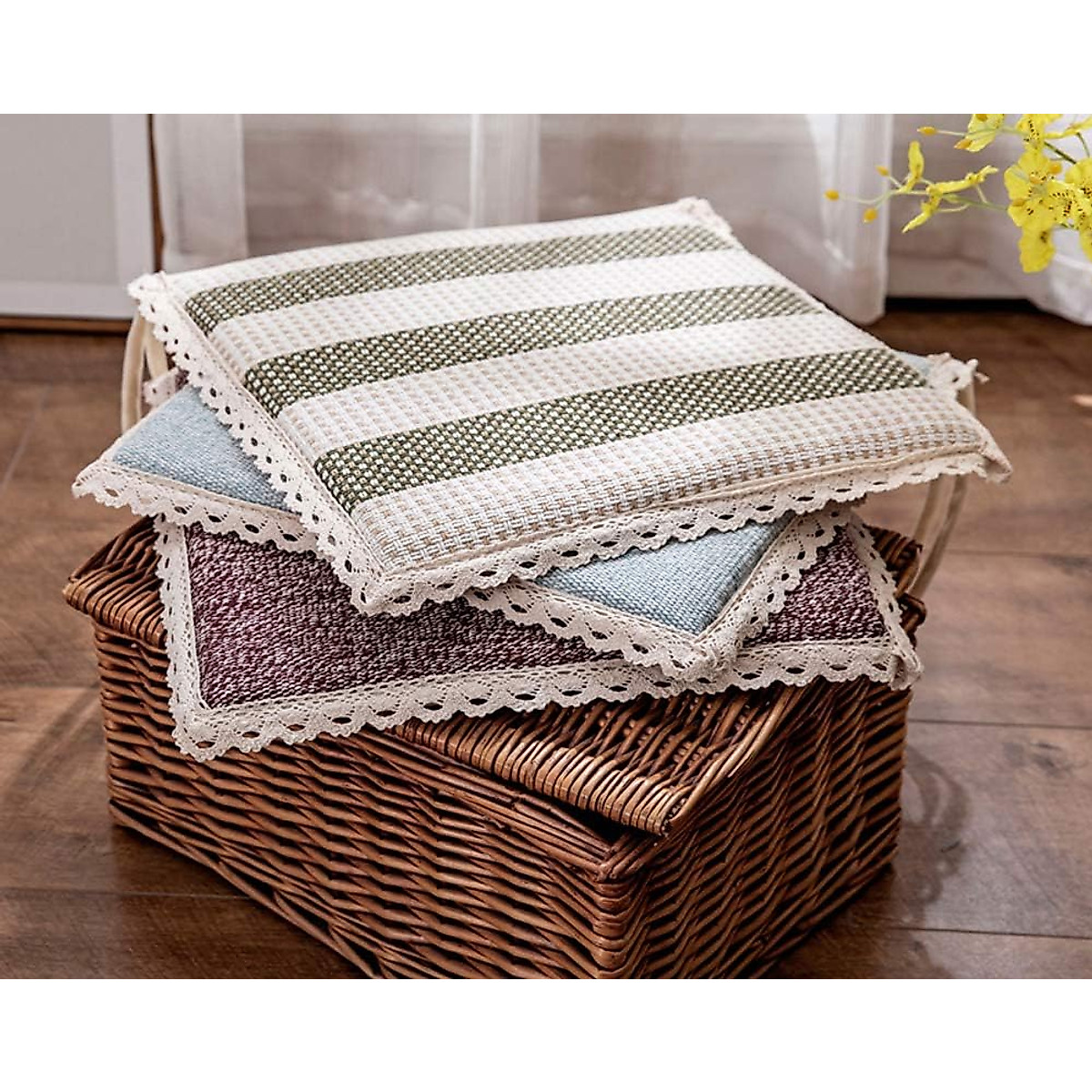 Set of 4 Chair Pads and Seat Cushions with Ties Non Slip Comfortable and Soft for Indoor, Dining Living Room, Kitchen, Office Chair, Den, Travel, Washable (Light Gray Stripes, Set of 4)