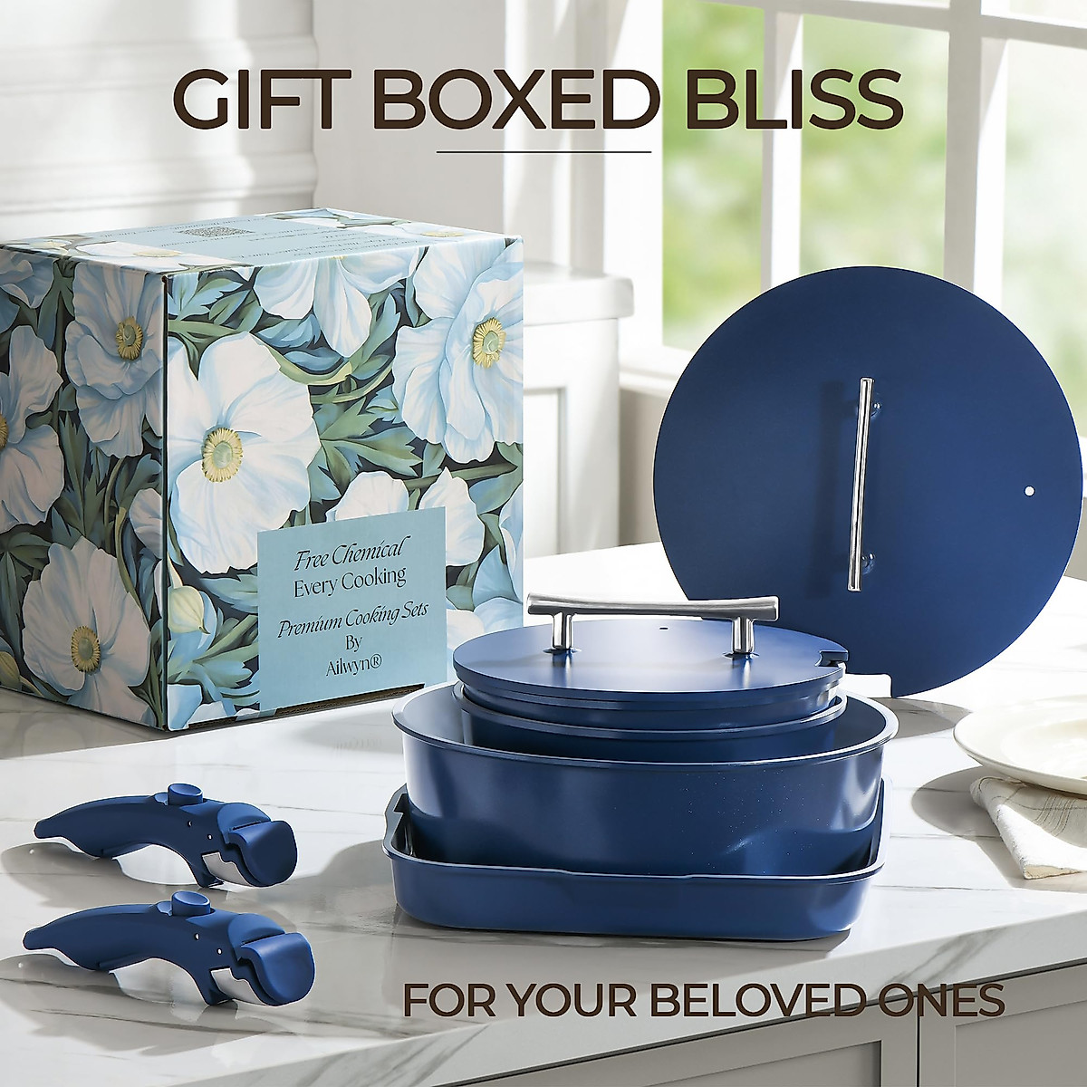 Pots and Pans Set with Detachable Handle - 12 Pcs Nonstick Ceramic Cookware Set with Lids, Non Toxic Cookware Set, RV Cookware Set,Camping Cooking Set, PTFE & PFOA Free,Oven Safe,Space Saving- Navy