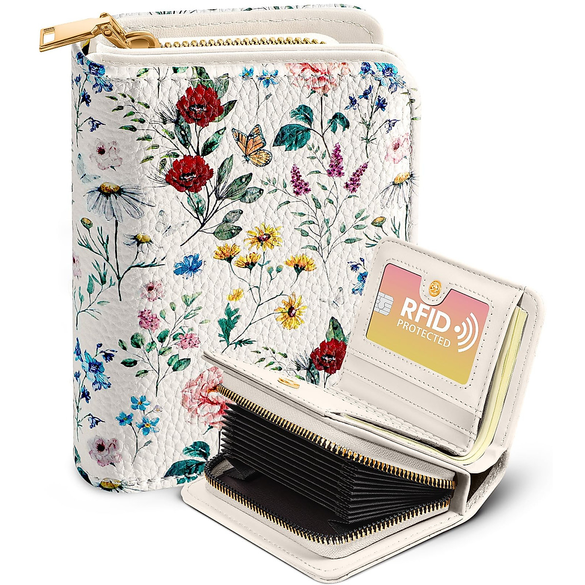 Bistup Credit Card Holder Wallet for Women Cute Leather Ladies Teen Girls Female Cardholder Wallets Accordion Purse Small Medium Aesthetic Print Flower Floral Modern Design Rfid Zipper Around