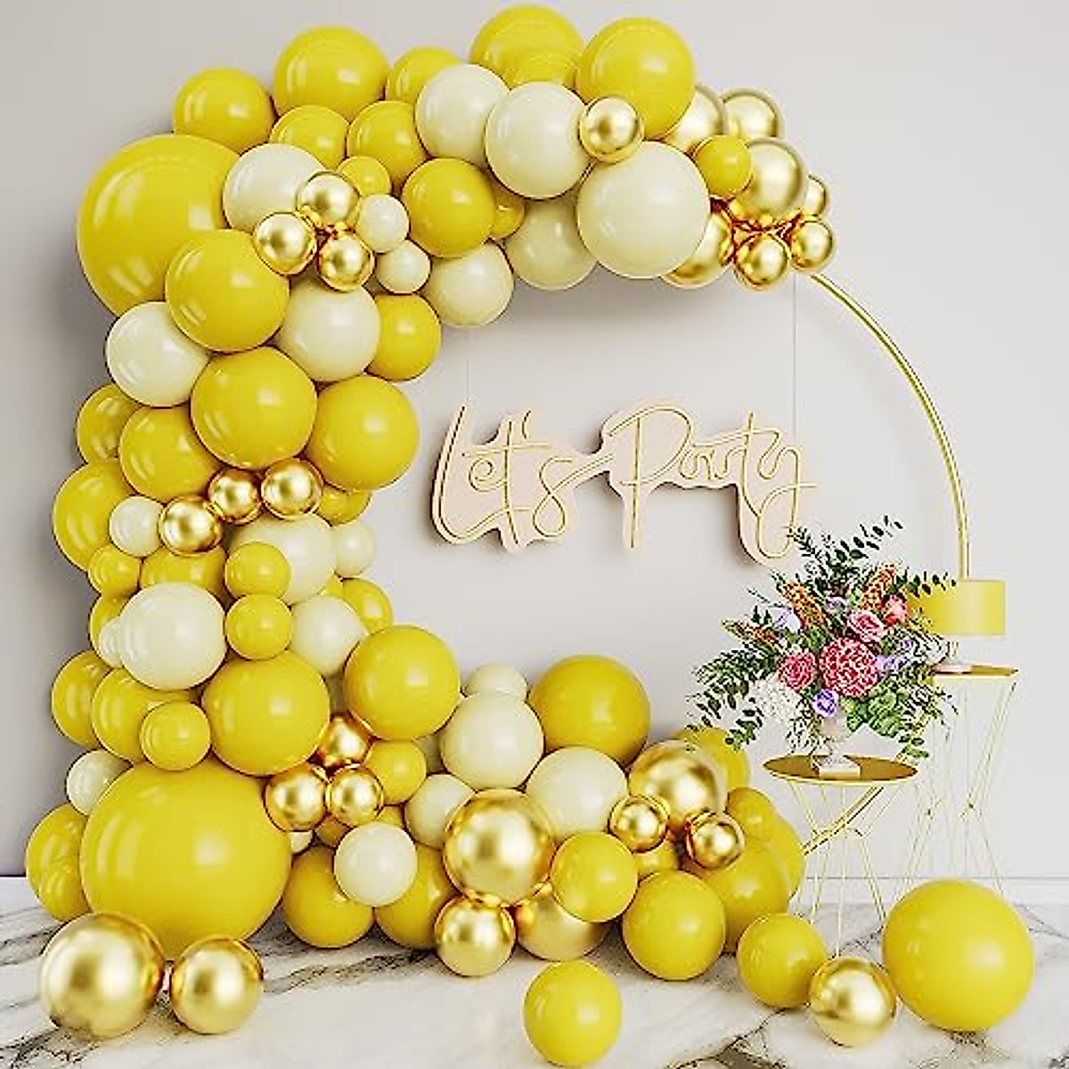 Yellow Balloon Arch Garland Kit-Macaron Yellow Balloon Metallic Gold Balloon 132Pcs for Graduation,Birthday，Baby Shower,Christmas,Fiesta Party Decoration.