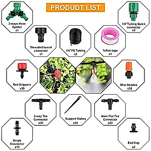 Drip Irrigation Kit, 100ft/30M Garden Watering Automatic System - Micro DIY Irrigation Tubing Kits, Blank Distribution Hose Atomizing Nozzles Drippers for Plants Flower Bed, Patio, Lawn