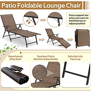 Esright Outdoor Chaise Lounge Chair,Folding Textiline Reclining Lounge Chair for Beach Yard Pool Patio with 7 Back & 2 Leg Adjustable Positions,Brown