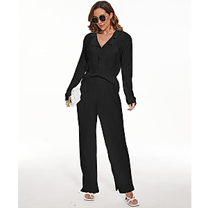 KOLAOYEP 2 Piece Outfits for Women Wide Leg Pants Sets Casual Long Sleeve Button Down Shirt Solid Streetwear Suits