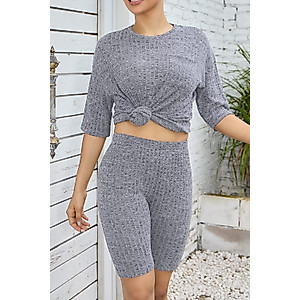 Pj Short Set Women's Pajama Sets Loose Casual Ribbed Knit Matching Outfits T-shirt Biker Shorts Sleepwear Loungewear Sweatsuits Light Blue