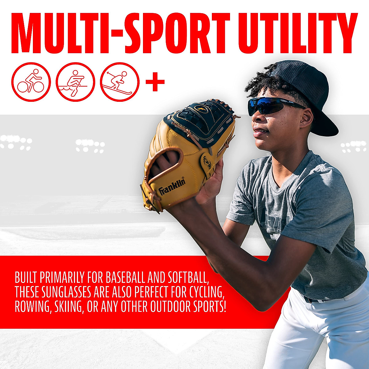 Franklin Sports MLB - Flip Up Baseball + Softball Sunglasses for Kids + Adults - Lightweight Sport Sunglasses for UV Protection, Black, 60mm