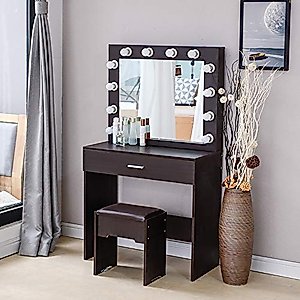 Drawer Unit Vanity Set with Lighted, Makeup Vanity Dressing Table with Large Drawer for Bedroom, Vanity Table with Cushioned Stool Set Short Long Table with Drawers (Walnut, One Size)