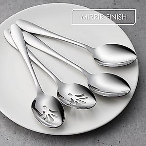 E-far Serving Spoons, 4-Piece Stainless Steel Serving Utensils Set - Solid Spoons x 2, Slotted Spoons x 2, Metal Hostess Serving Tablespoons for Catering Buffet Party Kitchen Restaurant
