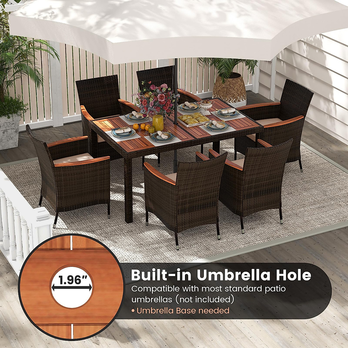 HAPPYGRILL 7 Pieces Rattan Wicker Patio Dining Set, Outdoor Dining Set with Cushions, Large Dining Table with Acacia Wood Top, Outside Dining Furniture Set with Umbrella Hole