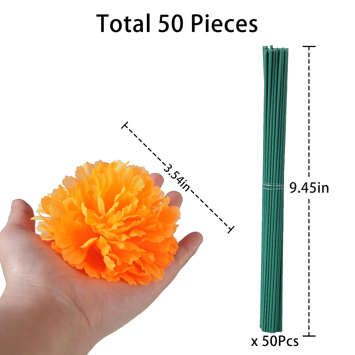 Starryle Marigold Flowers 50Pcs Large Silk Artificial Marigold Flower Heads for Diwali Festival Indian Wedding Party Day of The Dead Dia de Los Muertos ofrenda Altar DIY Decor (Orange, 3.54 inch)