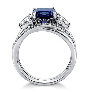 BERRICLE Sterling Silver 3-Stone Wedding Engagement Rings Simulated Blue Sapphire Cushion Cut Cubic Zirconia CZ Criss Cross Ring Set for Women, Rhodium Plated Size 7