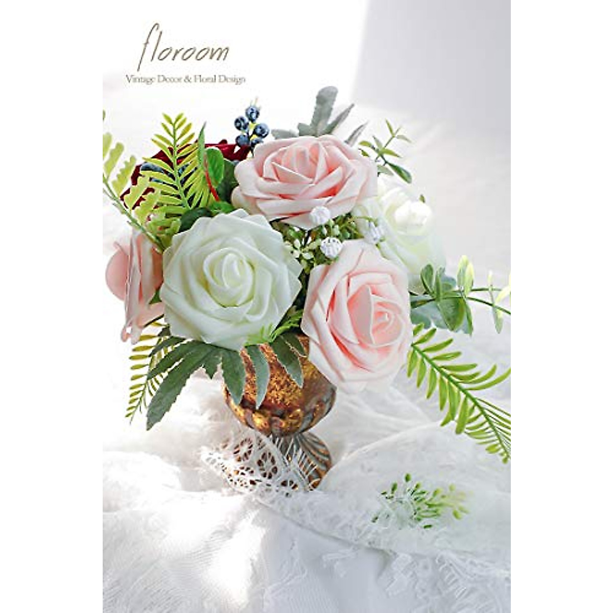 floroom Artificial Flowers 25pcs Real Looking Blush Foam Fake Roses with Stems for DIY Wedding Bouquets Bridal Shower Centerpieces Party Decorations