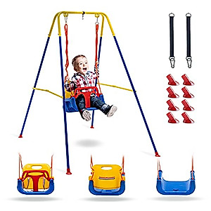 3-in-1 Toddler Swing, Swing Set with Foldable Metal Stand and Safety Belt, Baby Swings Outdoor & Indoor for Infants to Toddler, Baby Infant Swing for Swingset, Indoor Swing for Kids 6 Month+