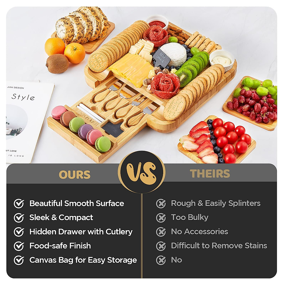 Large Charcuterie Boards with Canvas Bag Four Bamboo Plates, Bamboo Cheese Board & Knife Set, Unique Housewarming Gifts New Home Anniversary Wedding Gifts for Couple, Bridal Shower for Women