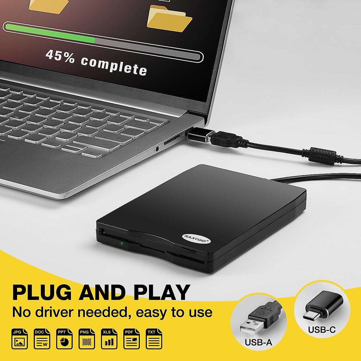 RAAYOO USB Floppy Disk Reader, 3.5 inch External Portable 1.44 MB FDD Floppy Disk Drive for Windows 11/10/8/7/2000/XP PC Laptop Desktop Notebook Computer
