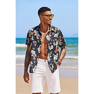 COOFANDY Men's Hawaiian Shirt Short Sleeve Casual Button Down Floral Printed Beach Shirts with Pocket Black