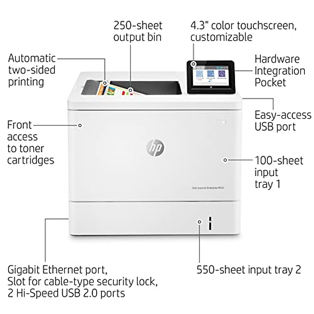 HP Color Laserjet Enterprise M555dn Single-Function Wired Ethernet Laser Printer, White - Print only - 4.3" Touchscreen Display, 40 ppm, 600 x 600 dpi, Auto Duplex Printing, USB, Cbmou Printer Cable