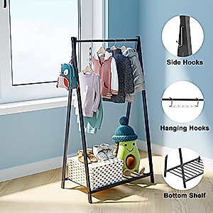 Bestier Kids Clothing Rack, Kids Garment Rack with Storage Shelf, Steel Costumes Clothes Hanging Rack, Small Clothes Rack with Hooks, Black