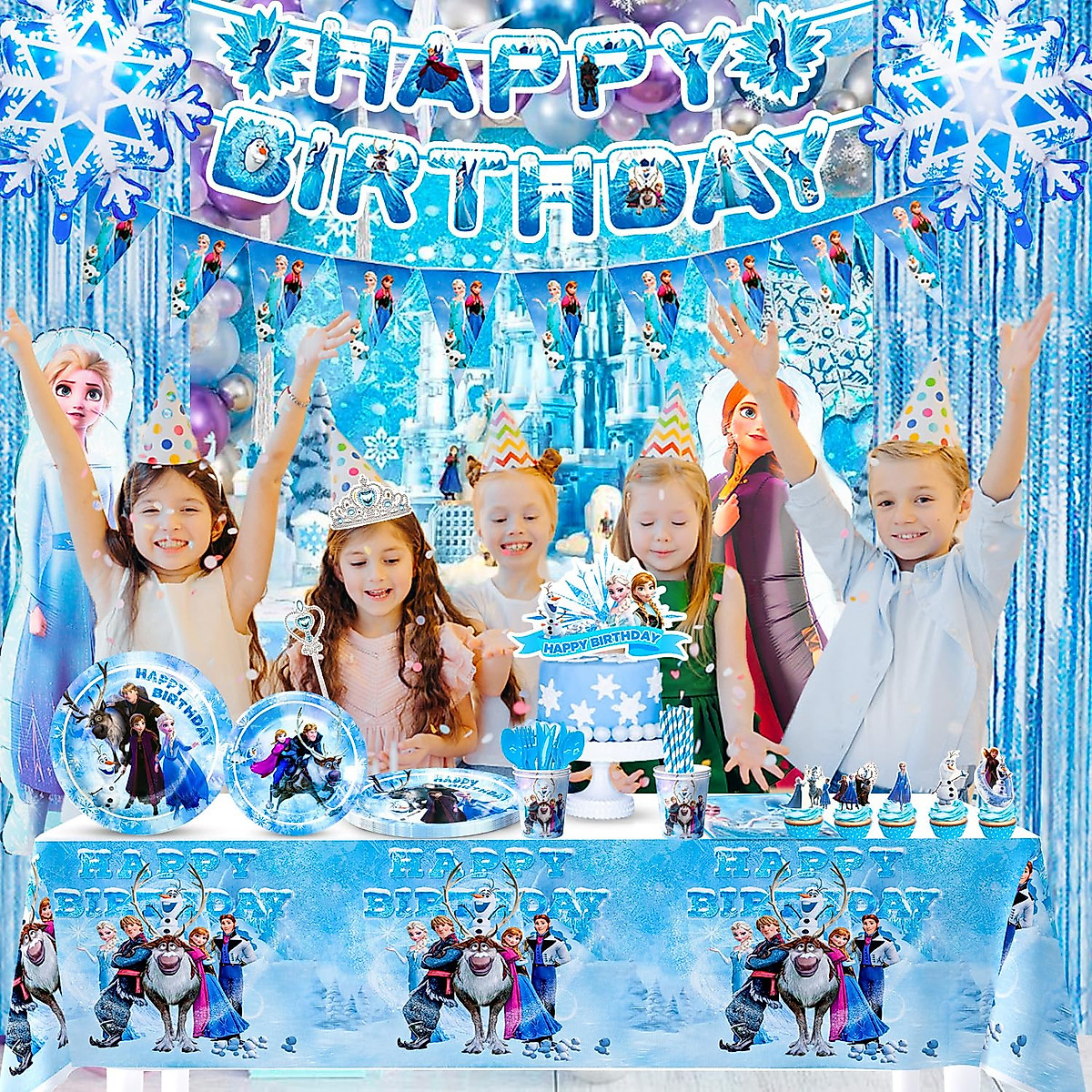 Frozen Birthday Party Supplies,145pcs Frozen Party Decorations&Tableware Set-Frozen Themed Birthday Banner Balloons&Frozen Party Plates Cup Tablecloth etc Anna and Elsa Birthday Decorations