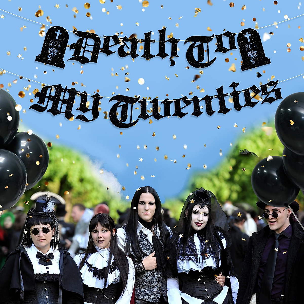 Ushinemi Pre-Strung Goth Death to My 20s Decorations, NO DIY Glitter 30th Birthday Party Banner, Funeral for My Youth Rip Twenties Party Decor