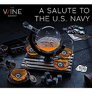 Globe Whiskey Decanter Set with 4 Liquor Glasses - Navy Whisky Decanter & Glass Set with Wood Base and 9 Whiskey Stones - Father's Day - Navy Gifts for Men - Bourbon and Scotch Military Gifts for Dad