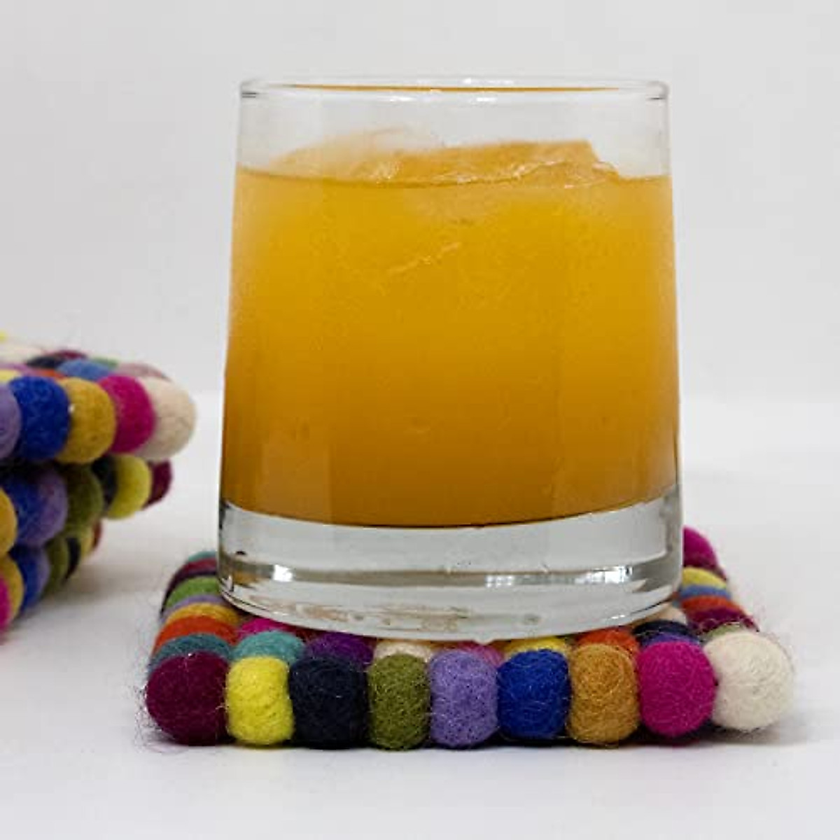 Colorful Felt Coasters Square - Premium Felted Ball Wool Coasters Set of 4 - with Lokta Gift Box - Handmade Large Absorbent Coasters for Drinks - Naturally Dense, Heat Resistant, Thick & Durable