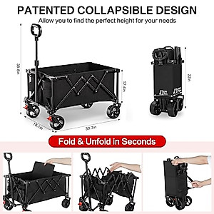 Ribitek Collapsible Folding Wagon,Heavy Duty Foldable Utility Garden Cart with Big All-Terrain Beach Wheels, Cup Holders & Side Pockets,for Camping, Garden, Sports, Shopping, Black
