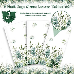 3 Pack Spring Sage Green Baby Shower Plastic Tablecloth, Eucalyptus Leaf Disposable Table Cover, Summer Rectangle Table Cloth for Bridal Baby Shower Birthday Wedding Party Decorations, 54x108 Inch