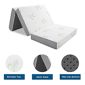 Inofia Folding Mattress, Memory Foam Tri-fold Mattress with Ultra Soft Bamboo Cover, Non-Slip Bottom & Breathable Mesh Sides - Twin 4-Inch, Mattress Topper